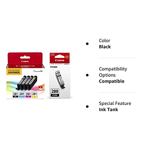 Canon CLI-281 BKCMY 4-Color Ink Tank Value Pack (2091C005) + Canon PGI-280 Pigment Black Ink Tank (2075C001)