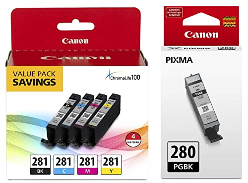 Canon CLI-281 BKCMY 4-Color Ink Tank Value Pack (2091C005) + Canon PGI-280 Pigment Black Ink Tank (2075C001)