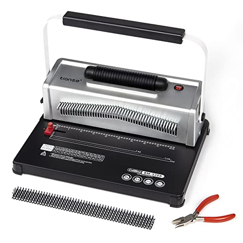 TIANSE Binding Machine, Spiral Coil Binder Machine Manual Punch Binder with Electric Coil Inserter, Comes with 100pcs 5/16" Plastic Coil Binding Spines & Plier for Letter Size, A4, A5 or Smaller Sizes