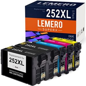 lemerosuperx remanufactured ink cartridges replacement for epson 252 252xl work for workforce wf-7720 wf-7710 wf-3620 wf-3640 wf-7210 printer (black cyan magenta yellow, 5 combo pack)