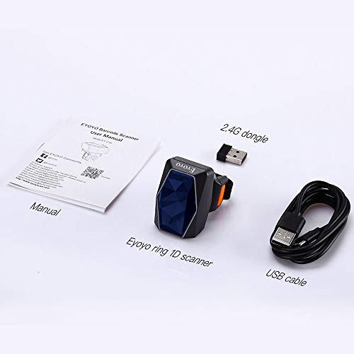 Eyoyo 1D Bluetooth Wearable Ring Barcode Scanner, Portable Mini Finger Bar Code Reader with 2.4GHz Wireless & USB Wired Connection for iPhone iPad Android iOS, for Book, Warehouse Inventory, Express