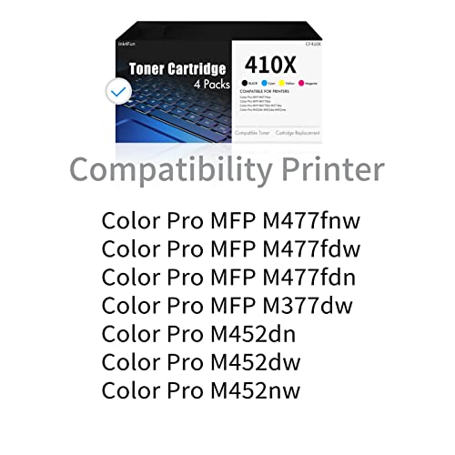 410X Toner Cartridge High Yield: 4 Pack Compatible Toner Replacement for HP 410X CF410X CF411X CF412X CF413X Color Pro MFP M477FDN M477FDW M477FNW M452DN M452DW M452NW M377DW MFPM377DW Printer