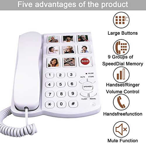 Big Button Phone for Seniors, LD‑858HF Key Amplified Telephone Photo Memory Corded Landline for Low Vision