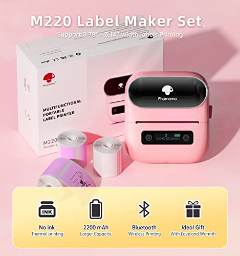 M220 Label Maker, Phomemo Label Printer, 3 Inch Bluetooth Thermal Sticker Maker Machine for Home,Office,School,Barcode Printer for Address,Mailing,Box,Cup,Compatible with Phone & PC,with 3 Rolls Label