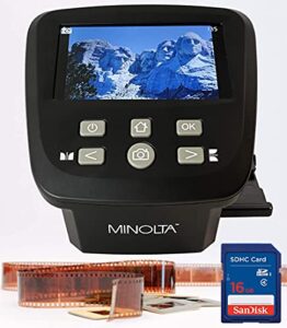 minolta film & slide scanner, large 5″ screen, convert color & b&w 35mm, 126, 110 negative & slides, super 8 films to high res 22mp jpeg digital photos, 16gb sd card, worldwide ac adapter (black)