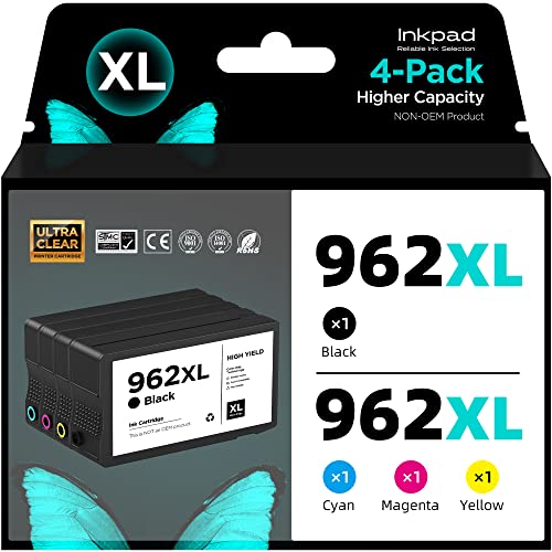 【Larger Capacity】 962XL High-Yield Ink Cartridge Combo Pack, Replacement for HP 962 962 XL Ink Cartridges, for OfficeJet Pro 9010 Series 9018 9012 9020 9015 9025 9022 9026 9027 (1BK/1C/1M/1Y, 4P)