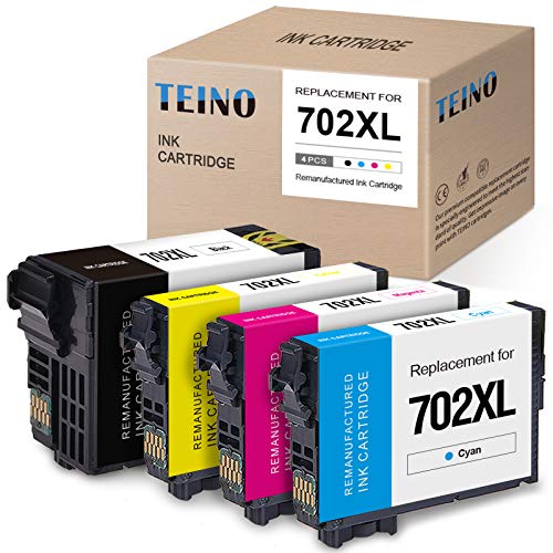 TEINO Remanufactured Ink Cartridge Replacement for Epson 702XL 702 T702 T702XL use with Epson Workforce Pro WF-3720 WF-3733 WF-3730 (Black, Cyan, Magenta, Yellow, 4-Pack)