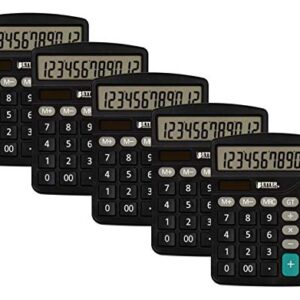 Large Desktop Calculators, 5 Pack, 12-Digit LCD Display, Angled Display Panel, by Better Office Products, Standard Function, Black, Dual Power with Included AA Battery Power, 5 Pack