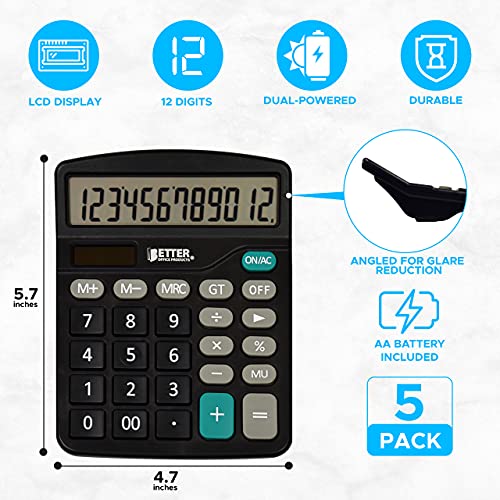 Large Desktop Calculators, 5 Pack, 12-Digit LCD Display, Angled Display Panel, by Better Office Products, Standard Function, Black, Dual Power with Included AA Battery Power, 5 Pack