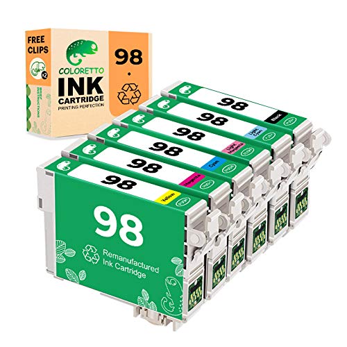 COLORETTO Remanufactured Ink Cartridge Replacement for Epson 98 T098 Used for Epson Artisan 730 810 835 710 Printer 6 Packs (1 Black 1 Cyan 1 Magenta 1 Yellow1 Light Cyan,1 Light Magenta) Combo Pack