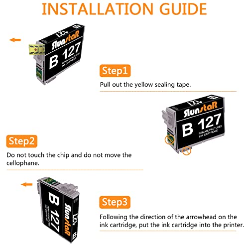 Run Star 4 Black 127 Remanufactured Ink Cartridge Replacement for Epson 127 T127 use in WF-3520 WF-3540 WF-7010 WF-7510 WF-7520 545 530 625 645 630 840 Printer