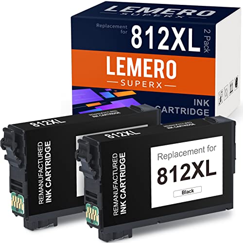 LemeroSuperx 812XL Black Remanufactured Ink Cartridge Replacement for Epson 812XL, 812 XL Work for WF-7840 WF-7820 WF-7310 EC-C7000 Printer (2 Black) WF-7840 Printer Ink