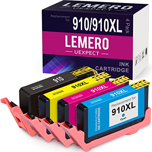 LemeroUexpect 910 910XL Remanufactured Ink Cartridge Replacement for HP 910 XL 910XL Ink Cartridge Combo Pack 4-Pack for HP Printer OfficeJet Pro 8025 8022 8035 8028, Black Cyan Magenta Yellow