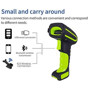 Symcode Wireless 2D Bluetooth Barcode Scanner with Stand 433 Wireless 2625 Feet Transmission Distance USB QR Automatic Barcode Reader Handhold Bar Code Scanner with Charging Base Vibration Alert Green