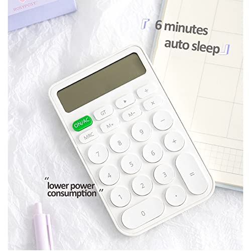 Benkaim White Desk Basic Cute Calculator, Small Portable Standard Calculator 12 Digit Dual Power Handheld Desktop Calculator with Large LCD Display and Sensitive Buttons