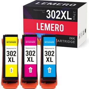 lemero remanufactured ink cartridge replacement for epson 302 xl 302xl t302xl to use with expression premium xp-6100 xp 6100 xp-6000 (1 cyan, 1 magenta, 1 yellow, 3 pack)