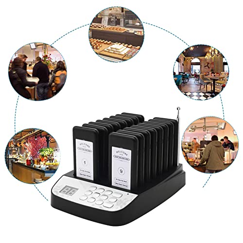 WWMFS Restaurant Pager System 16 Pagers, Wireless Social Distance Restaurant Waiting Buzzer System, Guest Calling Pagers and Beepers for Food Truck, Church, Nursery, Hospital (Black-16 Pagers)