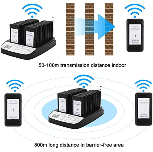 WWMFS Restaurant Pager System 16 Pagers, Wireless Social Distance Restaurant Waiting Buzzer System, Guest Calling Pagers and Beepers for Food Truck, Church, Nursery, Hospital (Black-16 Pagers)