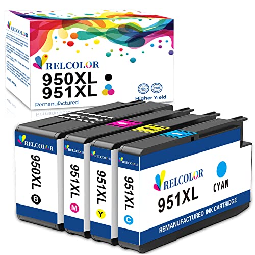 Relcolor 950XL 951XL Combo Ink Cartridge for HP 950 951 XL Black Color Fit for OfficeJet Pro 8600 8610 8620 8630 8100 8615 8625 276dw 251dw 271dw Printers (Black Cyan Magenta Yellow 4 Pack) HP950xl