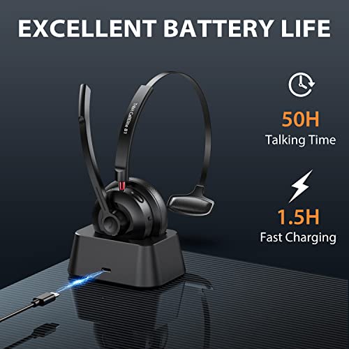 Tribit Wireless Headset with Microphone, Bluetooth 5.0 Cell Phone Headphone Qualcomm QCC3020, AI Noise Canceling & CVC 8.0 for Home Office, Mute Button 50H Talk time, USB-A Dongle for PC, CallElite81