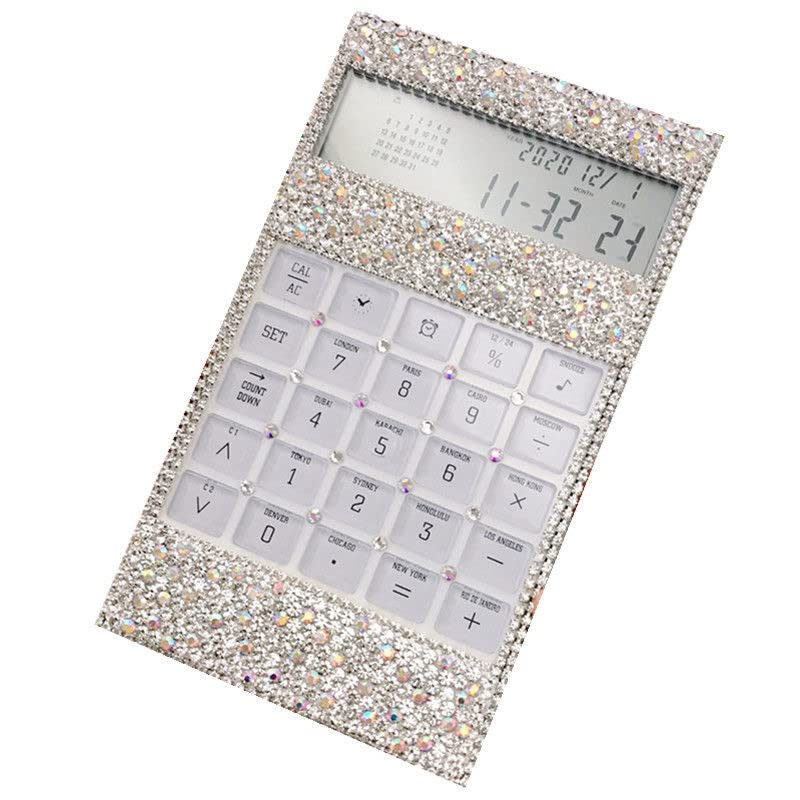 Glitter Calculator Silver Calculators Sparkle Bling Rhinestone Caiculator Office Home Electronics Diamond Desktop Calculator Solar Power 12 Digits Tilted LCD Display