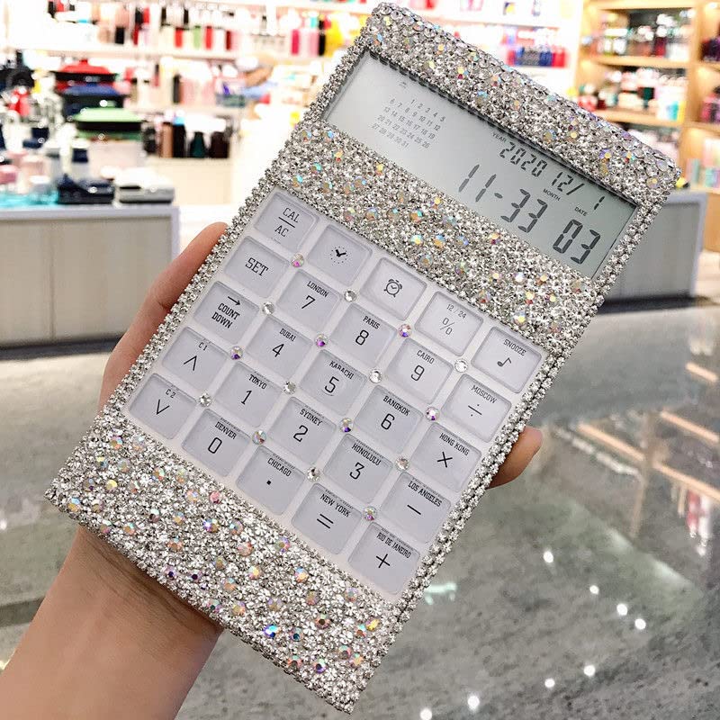 Glitter Calculator Silver Calculators Sparkle Bling Rhinestone Caiculator Office Home Electronics Diamond Desktop Calculator Solar Power 12 Digits Tilted LCD Display