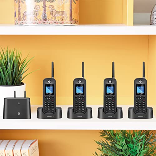 Motorola O214 DECT 6.0 Long Range Cordless Phone - Wireless Phones for Home & Office Phone with Answering Machine - Indoors and Outdoors, Water & Dust Resistant, IP67 Certified - Black, 4 Handsets