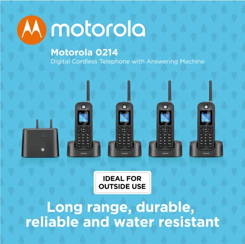 Motorola O214 DECT 6.0 Long Range Cordless Phone - Wireless Phones for Home & Office Phone with Answering Machine - Indoors and Outdoors, Water & Dust Resistant, IP67 Certified - Black, 4 Handsets