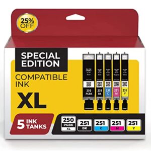 (5 Pack) Canon PGi-250XL / CLi-251XL Compatible Replacement Ink Cartridges. Works with PIXMA MX922 MX920 IP7220 IP8720 MG7520 MG6320 Printers. 5 Pack (PG Black, Black, Cyan, Magenta, Yellow)