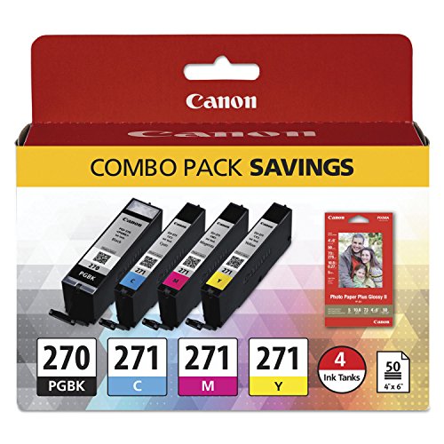 Canon PGI-270/CLI-271 4-Color BK/CMY Ink Cartridge for PIXMA MG5720 MG5721 MG5722 MG6820 MG6821 MG6822 MG7720 Includes 50 Sheets of 4"x6" PP-201 Glossy Photo Paper (0373C005)