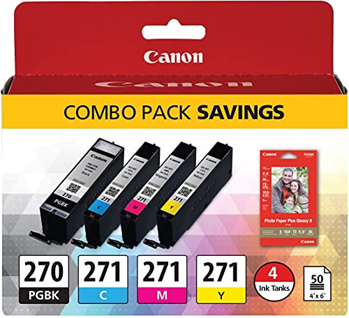 Canon PGI-270/CLI-271 4-Color BK/CMY Ink Cartridge for PIXMA MG5720 MG5721 MG5722 MG6820 MG6821 MG6822 MG7720 Includes 50 Sheets of 4"x6" PP-201 Glossy Photo Paper (0373C005)