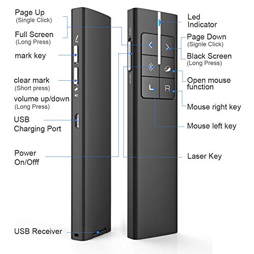 NORWII N99 Presentation Clicker Air Mouse Function Wireless Presenter USB Powerpoint Clicker, RF 2.4 GHz Presentation Remote Control Clicker for powerpoint presentations Support Mac, Laptop, Computer