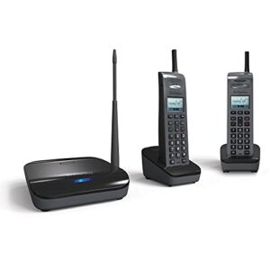 engenius freestyl sip2, long range, portable 900 mhz voip phone with 2-way radio for broadcast/intercom, expandable up to (10) handsets per base, 10 acres of coverage, includes (2) handsets