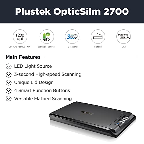 Plustek OpticSilm 2700 - High Speed Flatbed Scanner, 3sec Fast scan Speeds. Compact Design for Home and Home Office. Windows and Mac Support