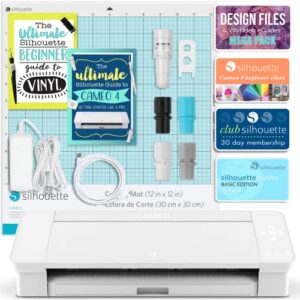 Silhouette White Cameo 4 Starter Bundle with 26 Oracal Vinyl Sheets, Transfer Paper, Class, Guides and 24 Sketch Pens