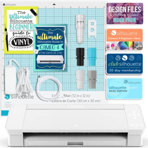 Silhouette White Cameo 4 Starter Bundle with 26 Oracal Vinyl Sheets, Transfer Paper, Class, Guides and 24 Sketch Pens