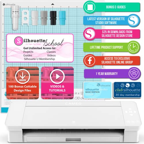 Silhouette White Cameo 4 Starter Bundle with 26 Oracal Vinyl Sheets, Transfer Paper, Class, Guides and 24 Sketch Pens