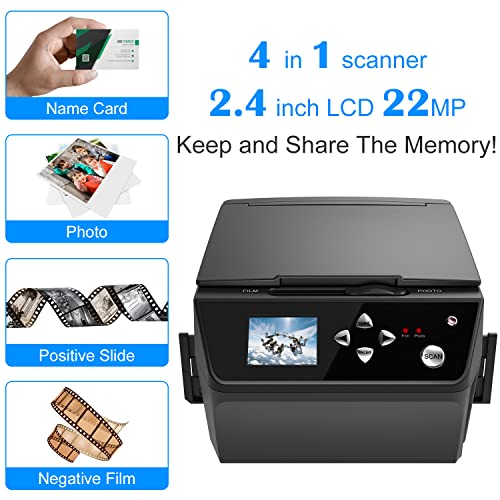 22MP Film &Slide Photo Multi-Function Scanner, Converts 135Film/35mm,110Film/16mmNegatives/Slide/Photo/Document/Business Card to HD 22MP Digital JPG Files, 8GB Memory Card Included