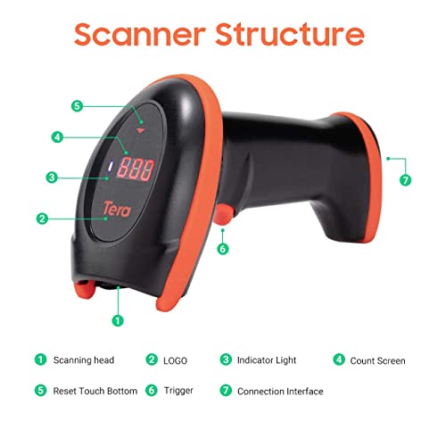 Tera Pro Series Wireless 1D 2D QR Barcode Scanner with Cradle Display Counting Screen Extra Fast Scanning Speed Ultra High Resolution Handheld Image Bar Code Reader for Warehouse Inventory HW0008