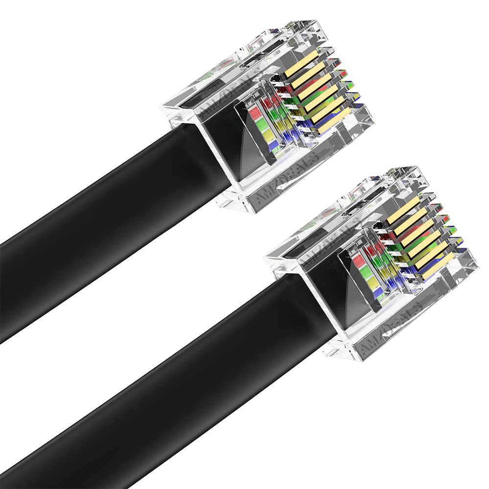 AmzDeals (2 Pack) 6 Feet Black RJ12 6P6C Straight Wired Cable, Professional Grade Made in USA, Compatible with Data and Voice, Phone Cord 72"