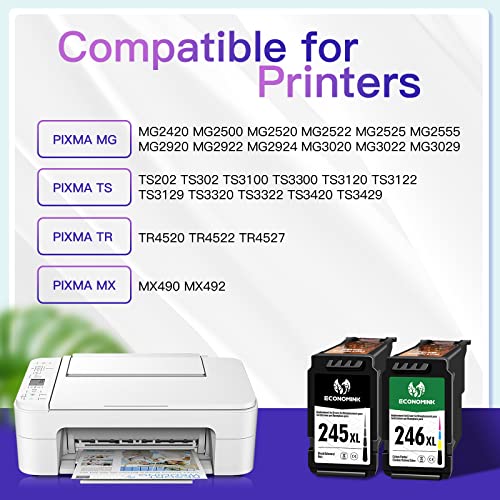 Economink 245XL and 246XL Ink Cartridge Replacement for Canon PG-245XL CL-246XL PG-243 CL-244, 245 246 Combo Pack for Pixma MX492 MX490 MG3022 MG2522 TS3320 TR4520 TR4522 MG2922 MG2920 TS202 Printer