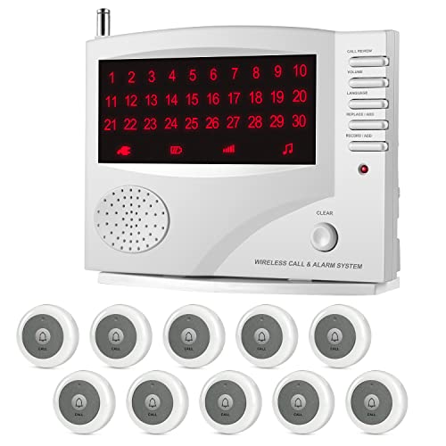 SYNLETT Wireless Calling System, Caregiver Pager for Nurses Station, 10 Waterproof Call Buttons with 1 Monitoring Unit for Emergency, Patients Seniors Clinic, 11 Languages Alert, White