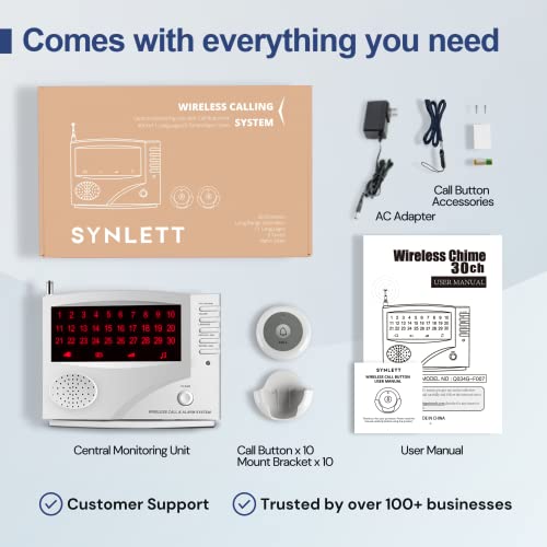 SYNLETT Wireless Calling System, Caregiver Pager for Nurses Station, 10 Waterproof Call Buttons with 1 Monitoring Unit for Emergency, Patients Seniors Clinic, 11 Languages Alert, White