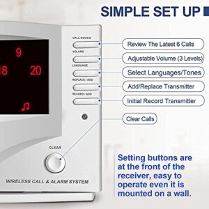 SYNLETT Wireless Calling System, Caregiver Pager for Nurses Station, 10 Waterproof Call Buttons with 1 Monitoring Unit for Emergency, Patients Seniors Clinic, 11 Languages Alert, White