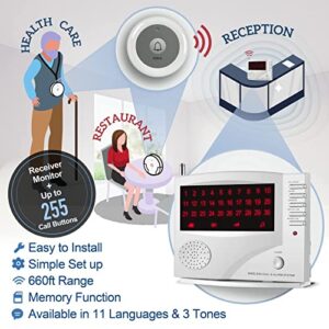 SYNLETT Wireless Calling System, Caregiver Pager for Nurses Station, 10 Waterproof Call Buttons with 1 Monitoring Unit for Emergency, Patients Seniors Clinic, 11 Languages Alert, White