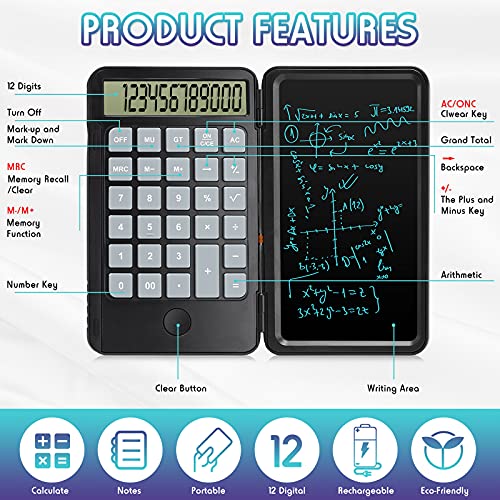 Hion Calculator,12-Digit Large Display Office Desk Calcultors with Erasable Writing Table,Rechargeable Hand held Multi-Function Mute Pocket Desktop Calculator for Basic Financial Home School,Black