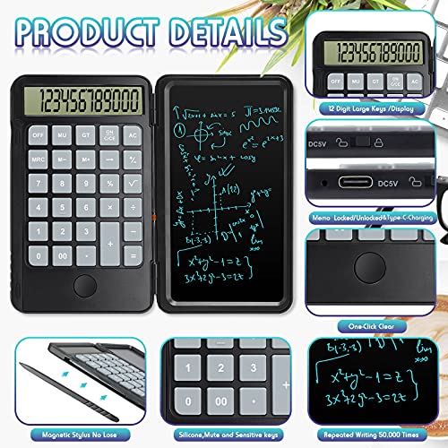 Hion Calculator,12-Digit Large Display Office Desk Calcultors with Erasable Writing Table,Rechargeable Hand held Multi-Function Mute Pocket Desktop Calculator for Basic Financial Home School,Black