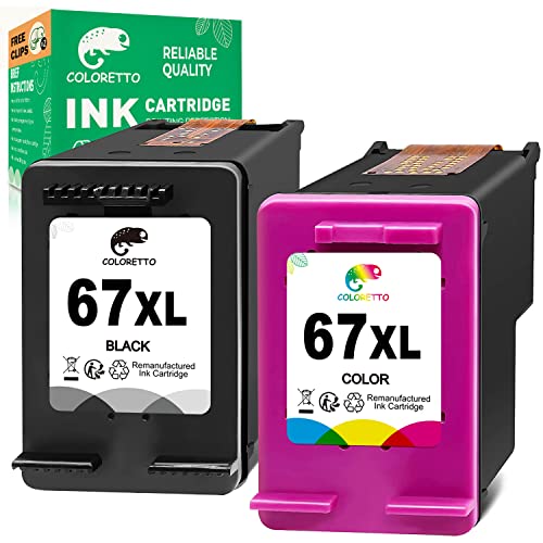 COLORETTO Remanufactured Printer Ink Cartridge Replacement for HP 67XL 67 XL to use with DeskJet 2755 2752 Envy 6052 6055 DeskJet Plus 4140 4155 4158 (1 Black,1 Color) Combo Pack with 2 Paper Clips