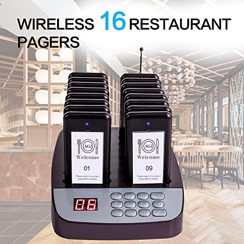 AGJ Restaurant Pager System 16 Pagers Beeper Buzzer System Guest Customer Queue Pagers for Food Truck Church Nursery Clinic Coffee Shop with Buzzer Vibration Flash