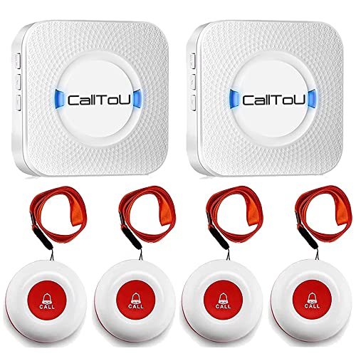 CallToU Wireless Caregiver Pager Smart Call System 4 SOS Call Buttons/Transmitters 2 Receivers Nurse Calling Alert Patient Help System for Home/Personal Attention Pager 500+Feet Plugin Receiver